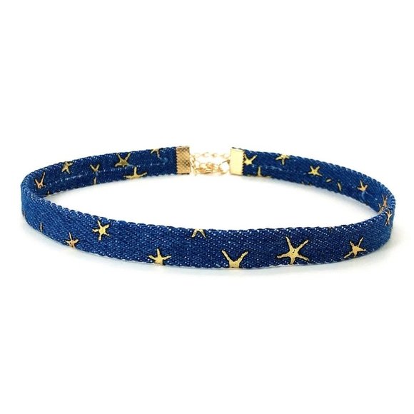 Jewelry | Dark Blue Denim Choker Necklace With Golden Stars Adjustable ...